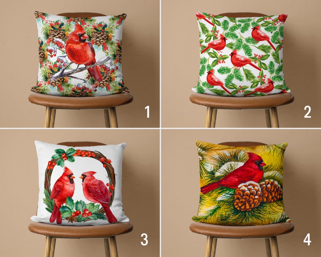 Cardinal Bird in Winter Pillow Cover, Red Cardinal on Pine Cone & Holly ...