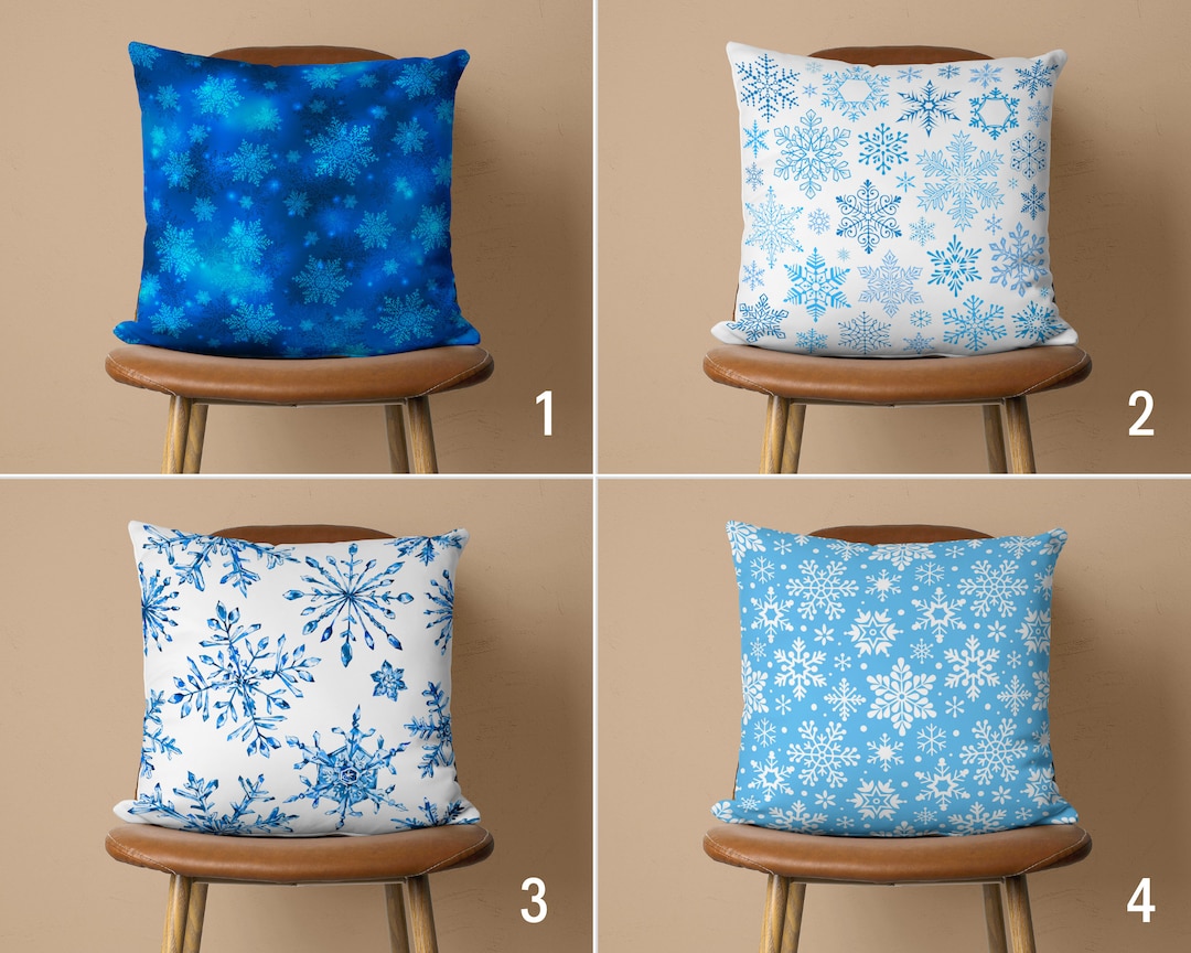 Blue & White Snowflakes Pillow Cover, Joyful Snowy Winter Cushion Cover ...