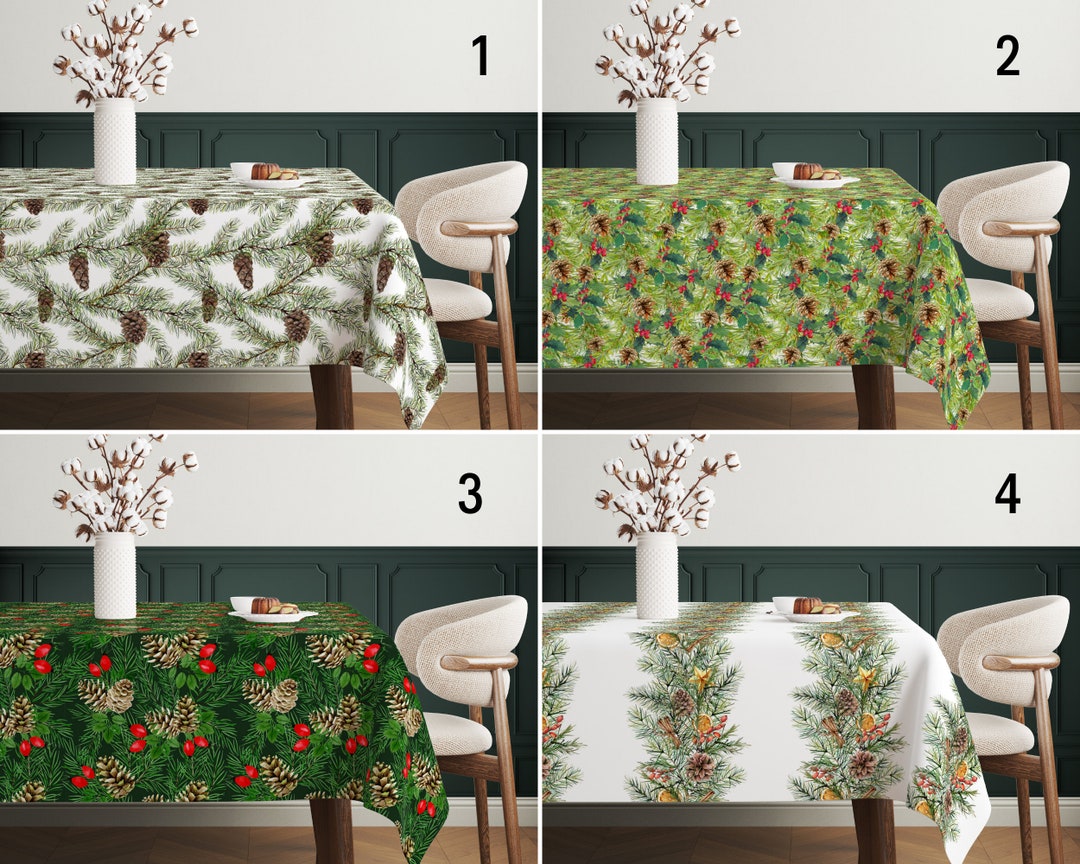 Pine Tree Cones Tablecloth, Green Brown Winter Tablecloth, Pine Tree ...