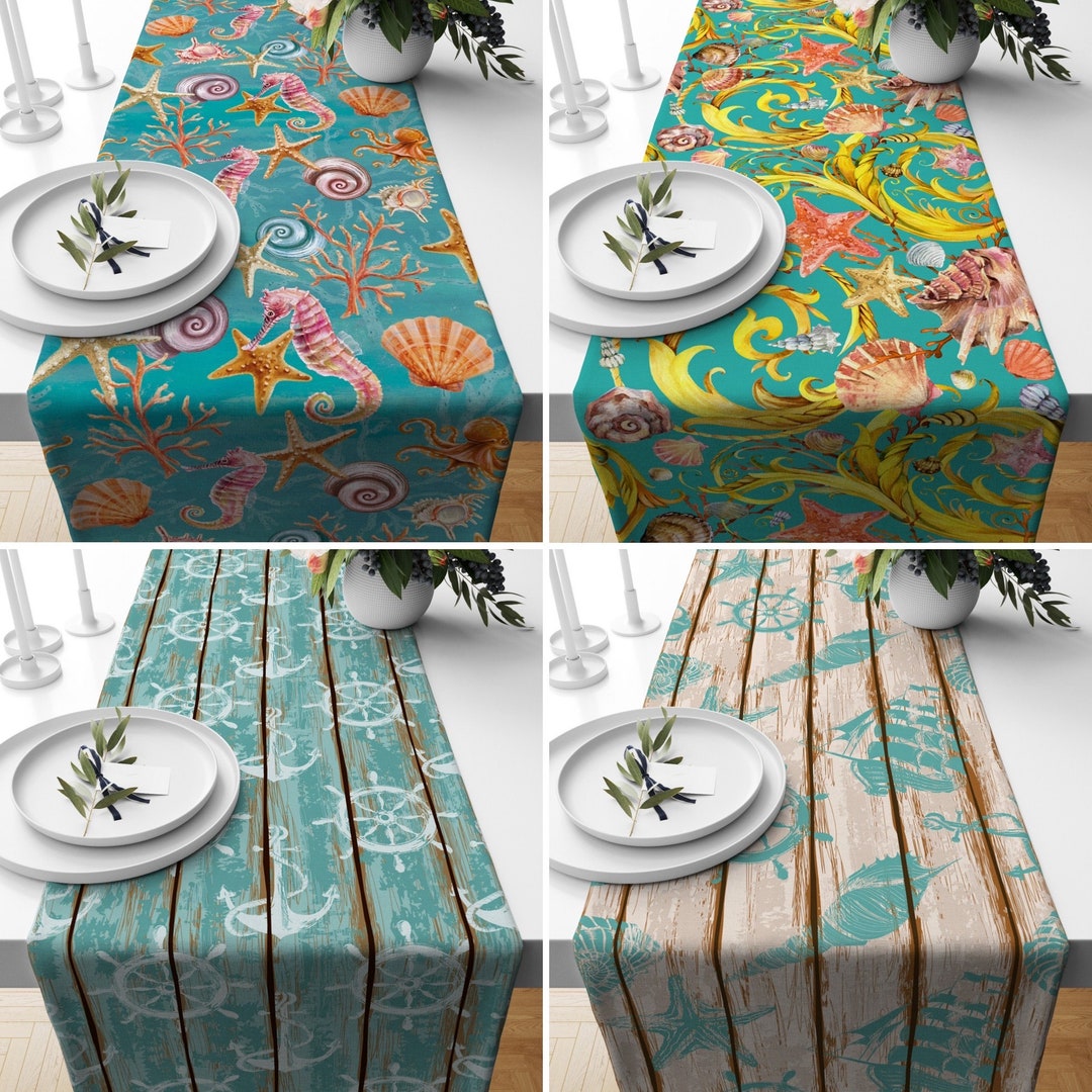 Blue Coastal Table Runner, Nautical Runner, Marine Tablecloth, Table ...