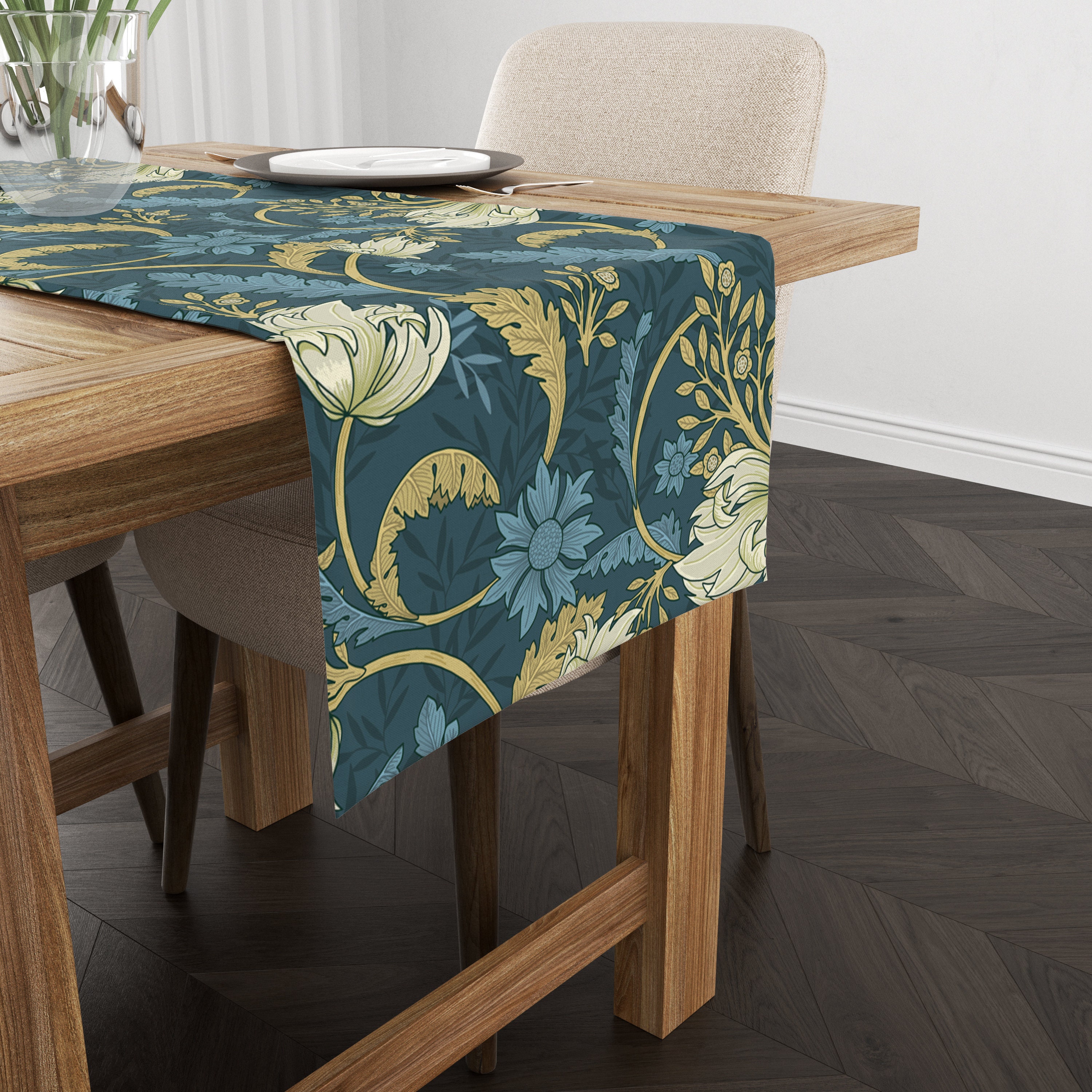 Floral Boho Table Runner Flower Pattern Kitchen Runner Blue | Etsy