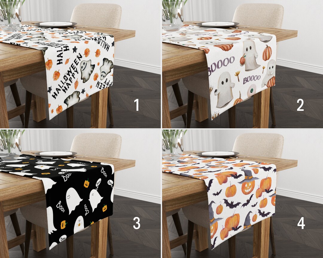 Halloween Ghost Table Runner, Carved Pumpkin Kitchen Runner, Halloween ...