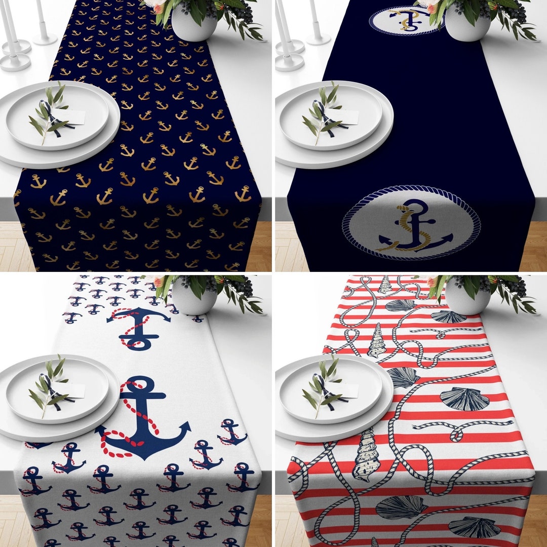 Nautical Anchor Runner, Navy Blue & Red Marine Table Runner, Coastal ...