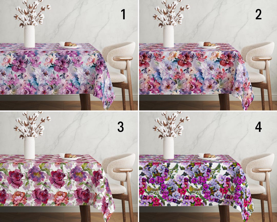 Purple Blooming Flowers Tablecloth, Floral Watercolor Botanical ...