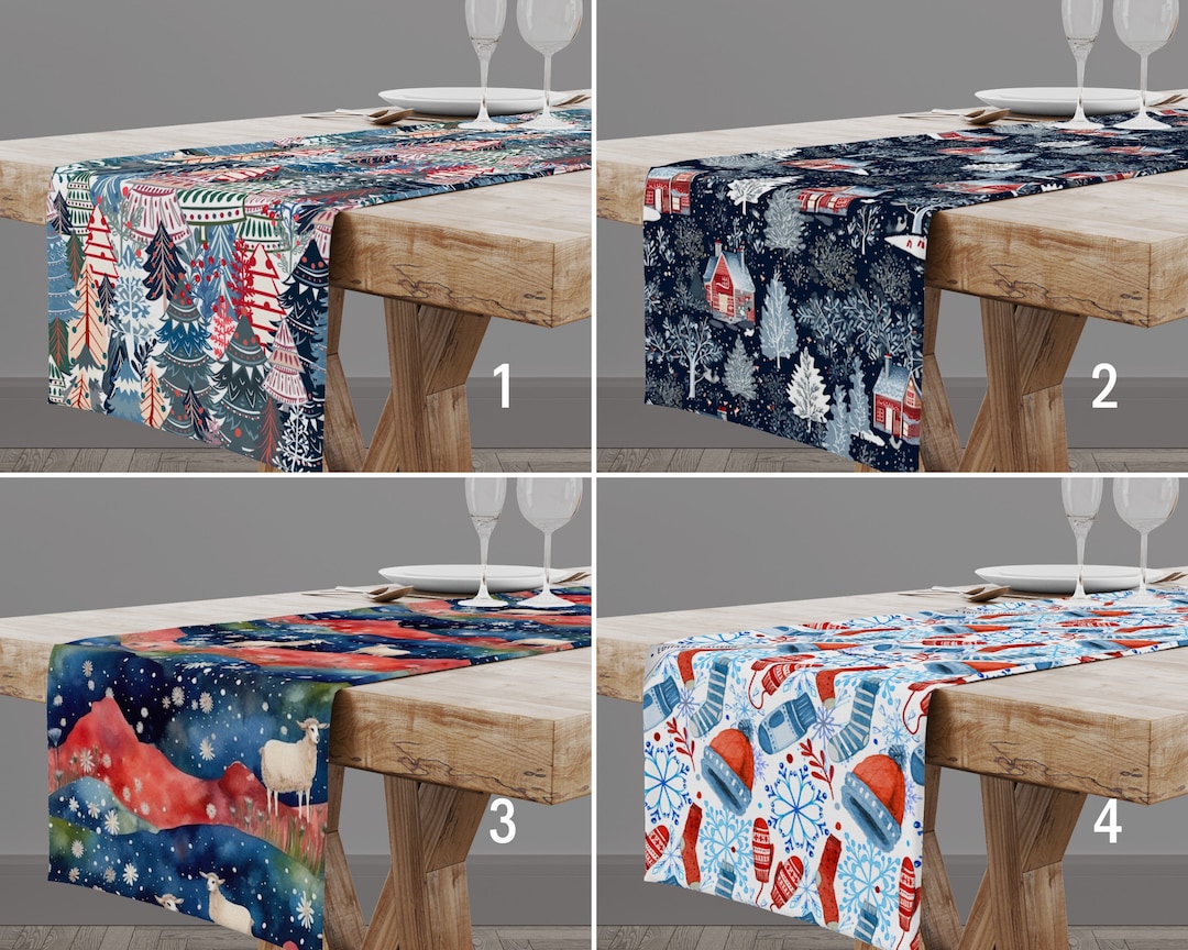 Blue Winter Table Runner, Snowy Holiday Table Runner, Christmas ...