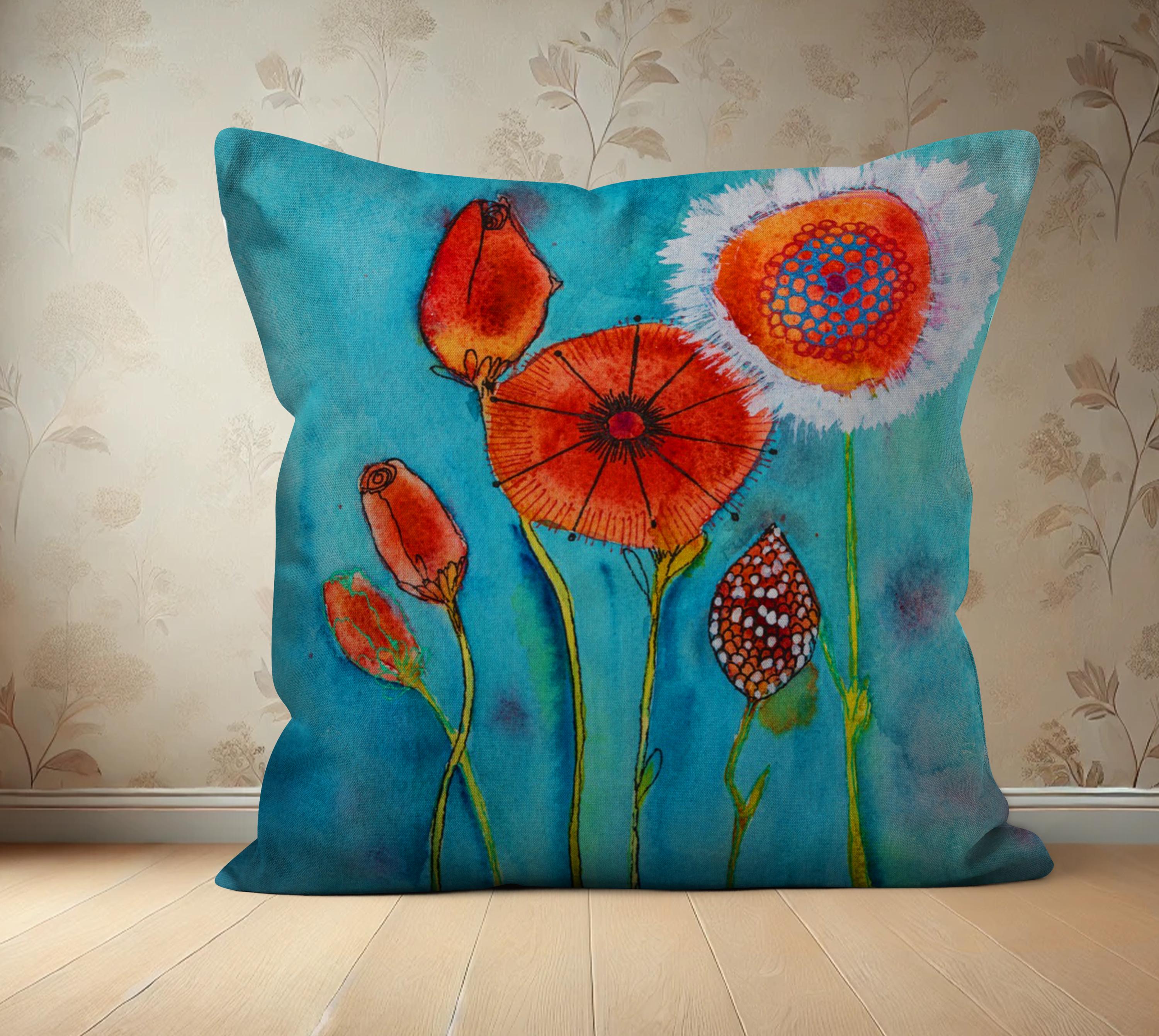 Poppy Flowers Throw Pillow Case, Floral Red Poppies Design Cushion ...
