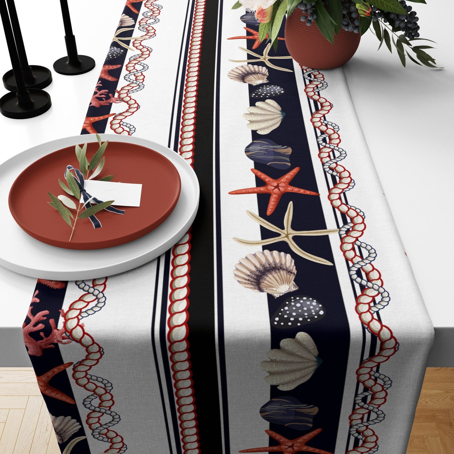 Blue & Red Coastal Table Runner Fish Shell Anchor Runner | Etsy