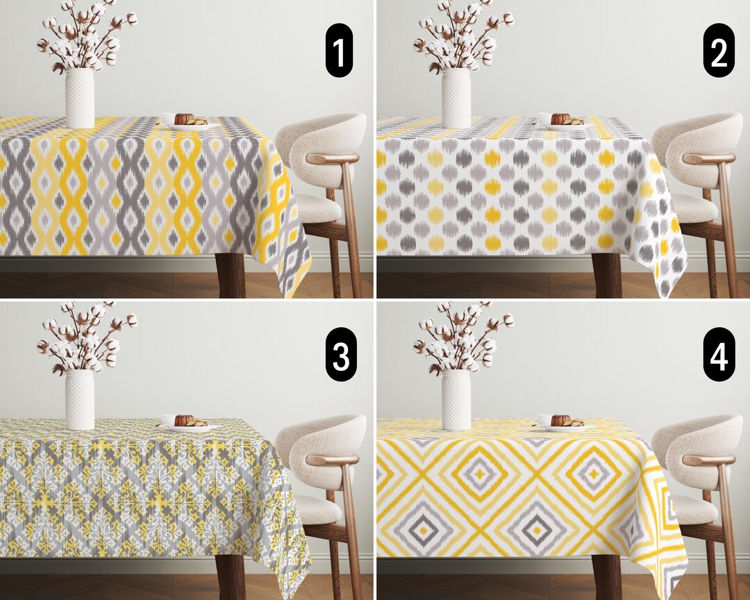 Ikat Pattern Tablecloth, Yellow & Gray Abstract Diamond Shapes and Dots ...