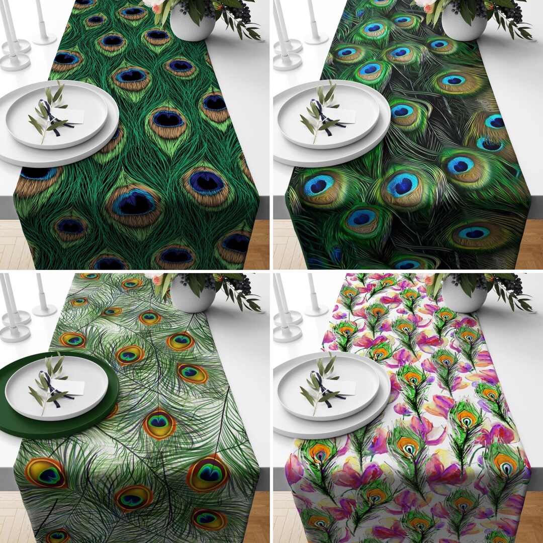 Peacock Feather Runner, Eye Feather Table Runner, Green Peafowl Tail ...