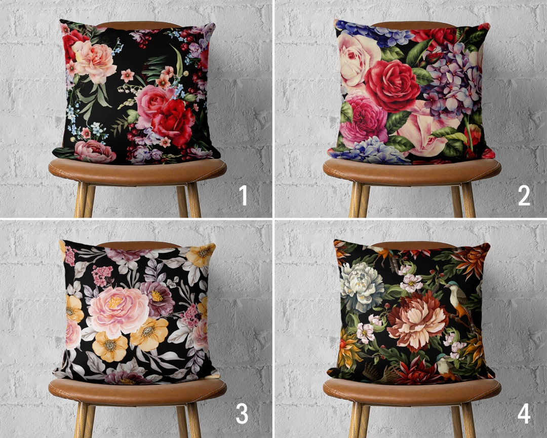 Boho Roses & Peonies Throw Pillow Cover, Black Pink Floral Pillow Cover ...