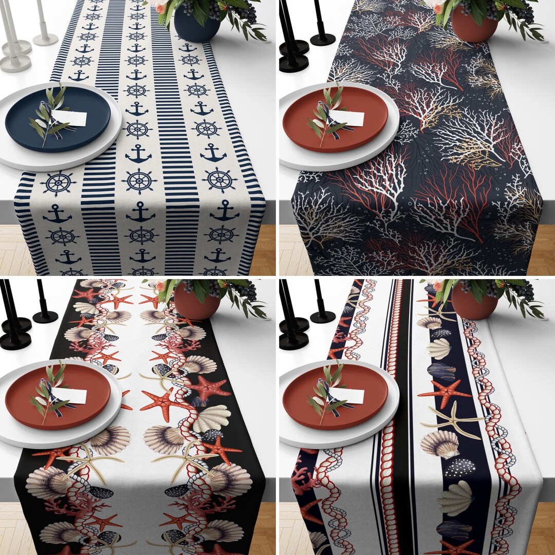 Blue & Red Coastal Table Runner, Fish Shell Anchor Runner, Nautical ...