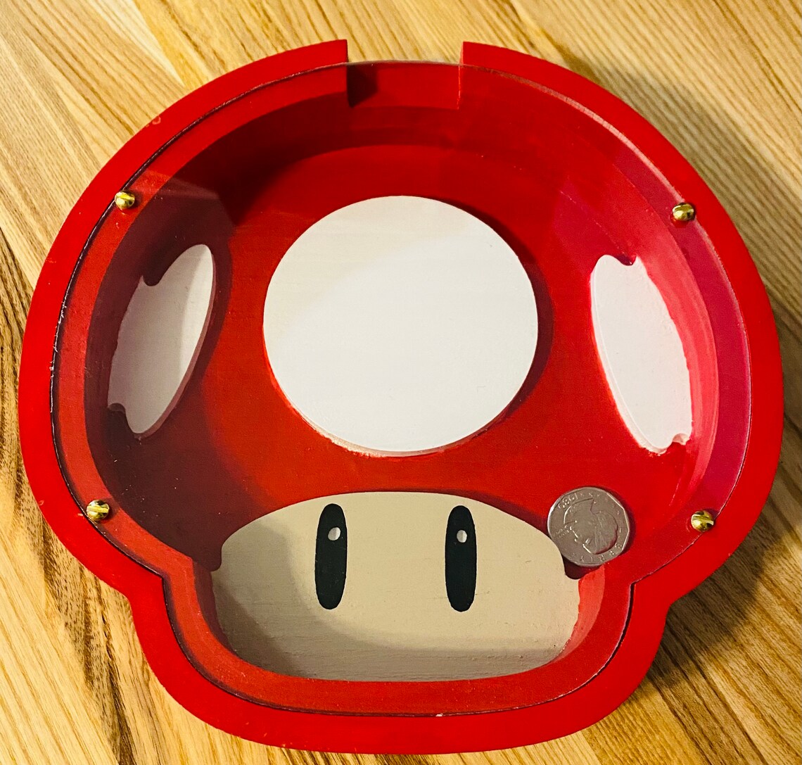 Super Mushroom Bank, Mario Bros Piggy Bank, Wooden Coin or Bottle Cap ...