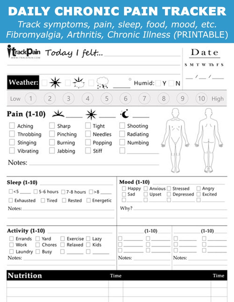 Pain Tracker Printable: Daily Chronic Pain, Food, Sleep, Mood (download ...