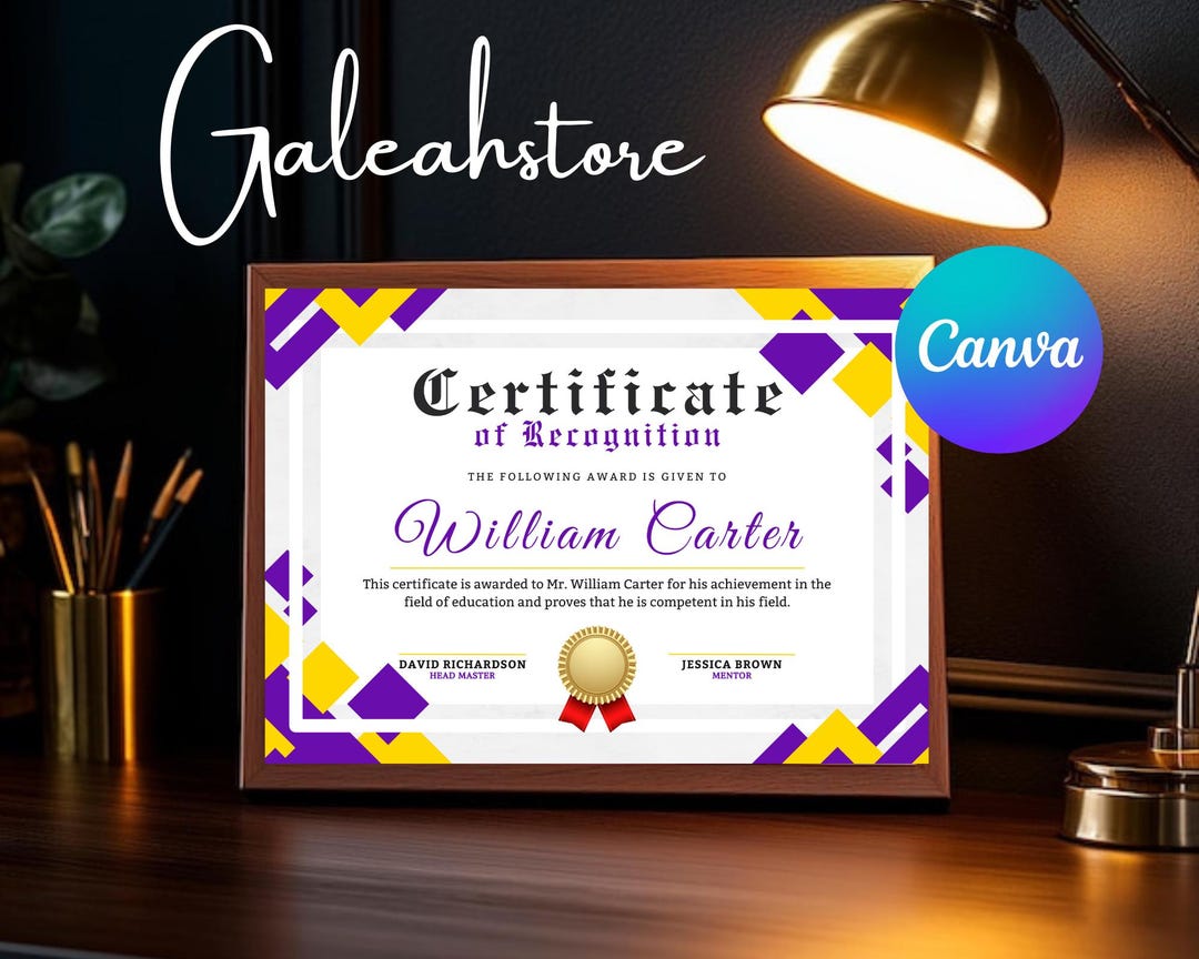 Purple & Yellow Recognition Certificate: Modern Award Template (digital ...