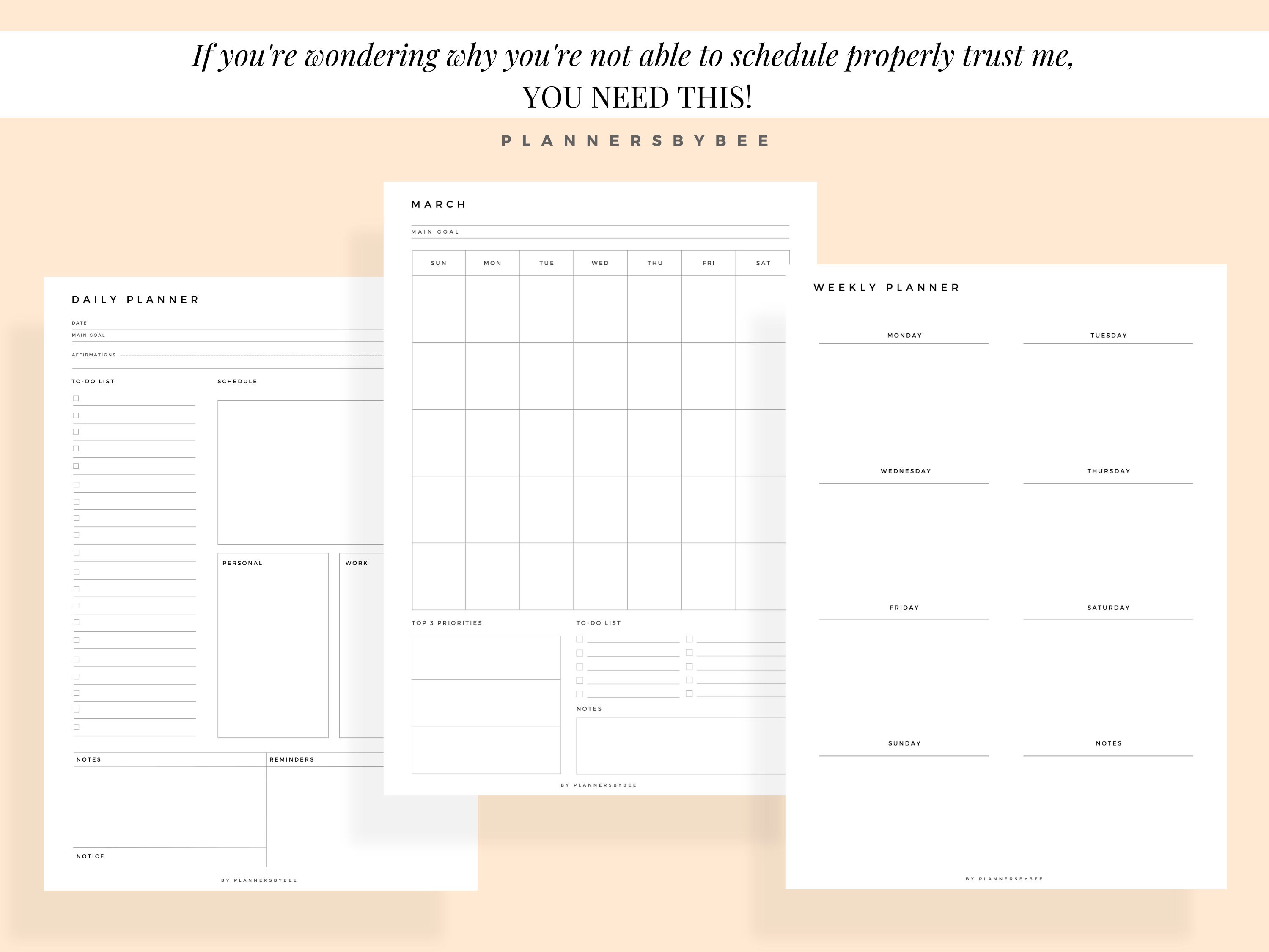 Daily Weekly Monthly Planners Printable Digital Undated - Etsy