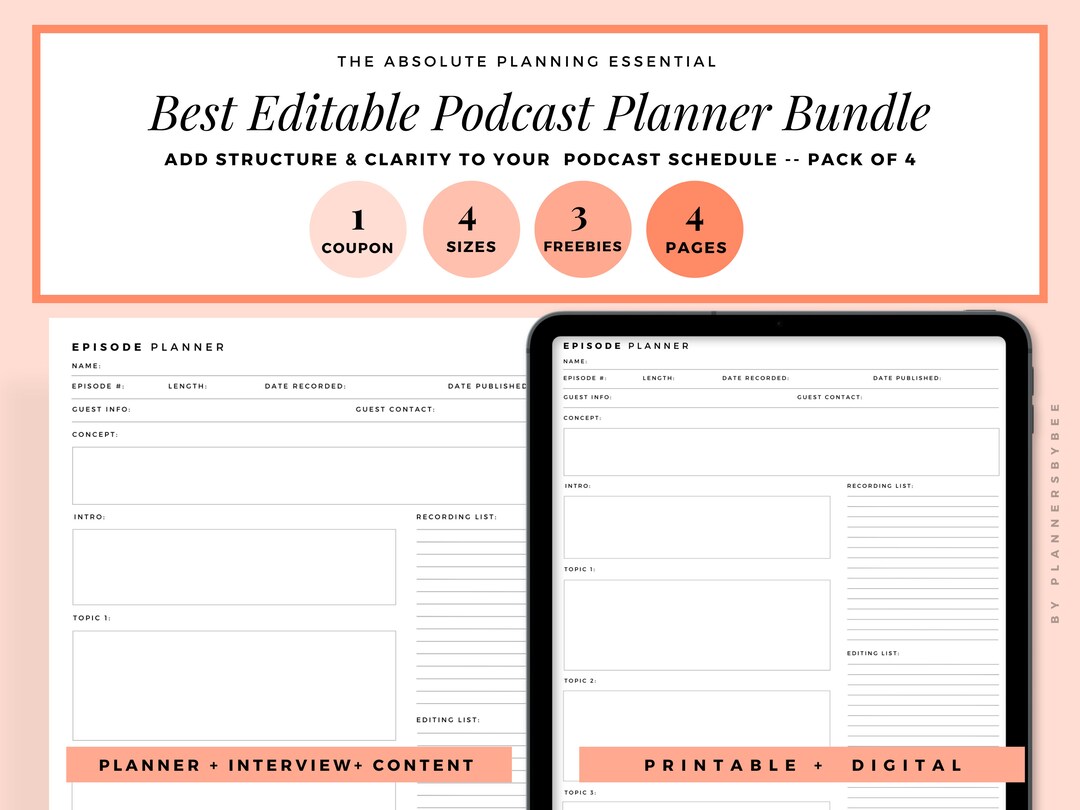 Podcast Planner Editable Podcast Template Bundle Printable Digital ...