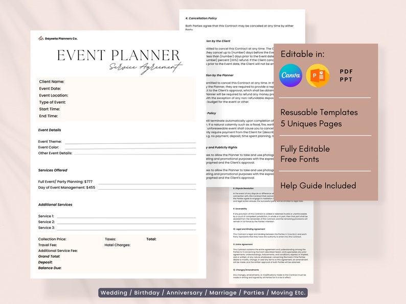 Event Planner Contract Template Canva Template Event Planner - Etsy