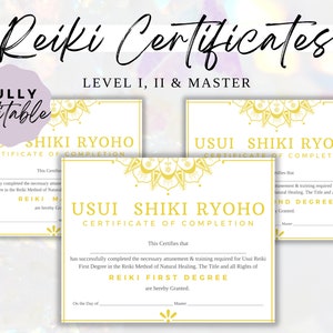 Reiki Certificates - Levels I, II, and Master - Editable PDF, Reiki ...