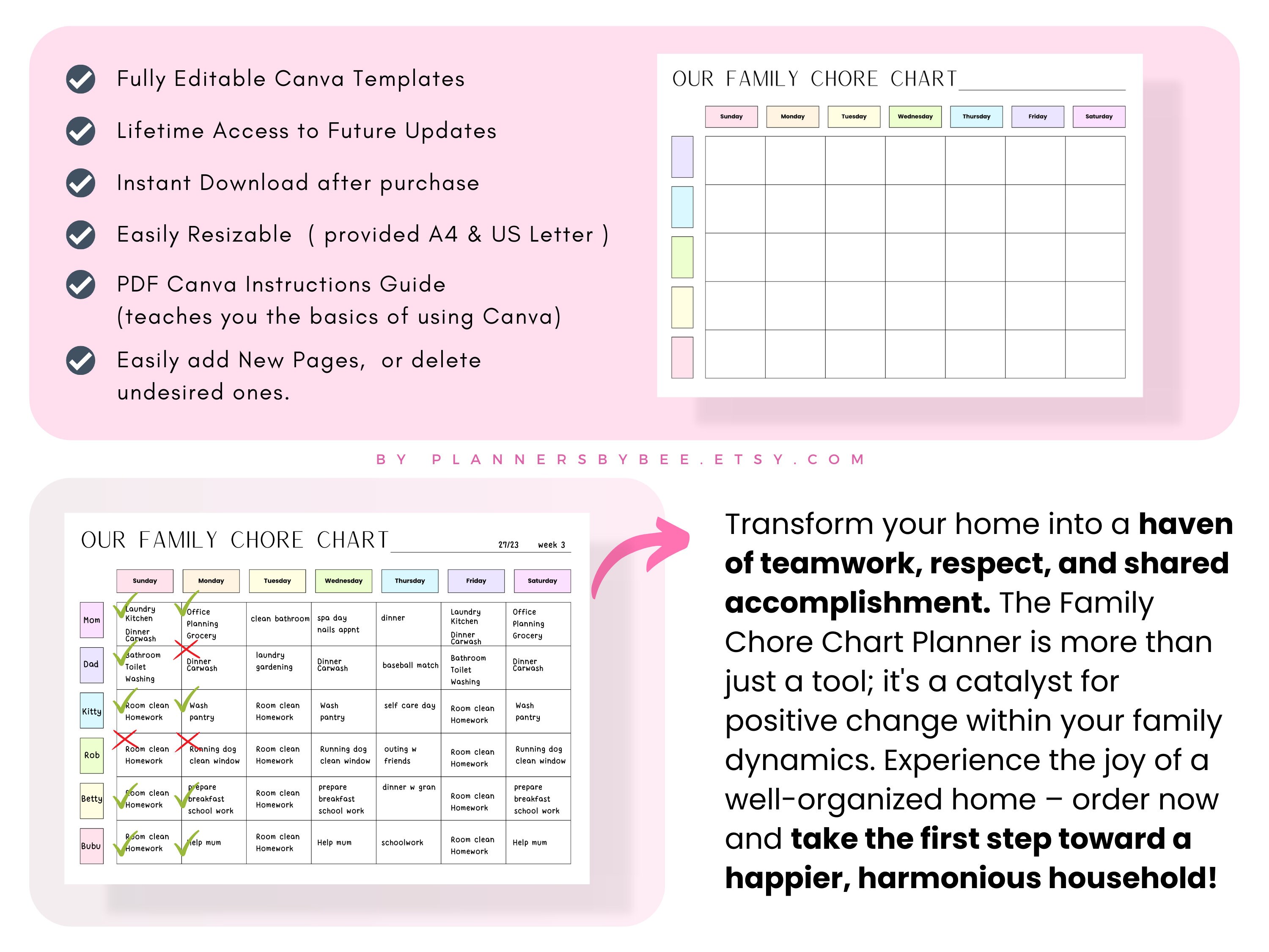 Family Chore Chart Printable Editable Family Planner - Etsy