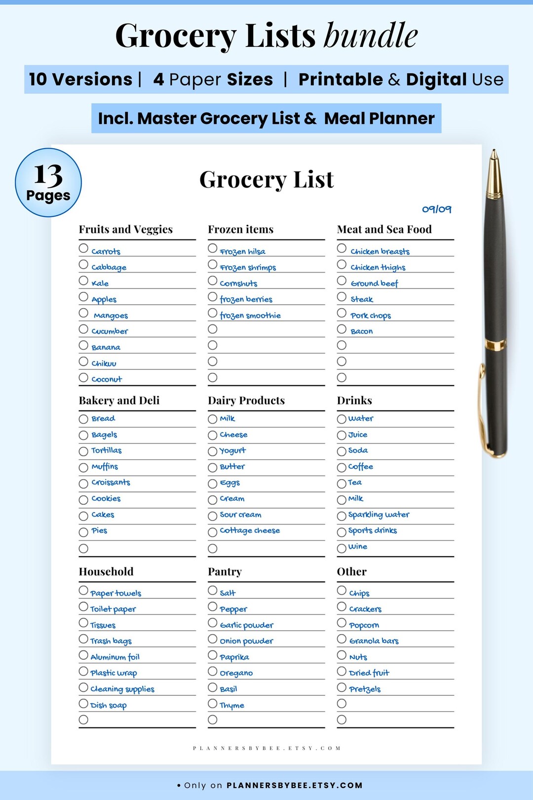 Grocery List Printable, Shopping List Digital, Weekly Grocery Template ...