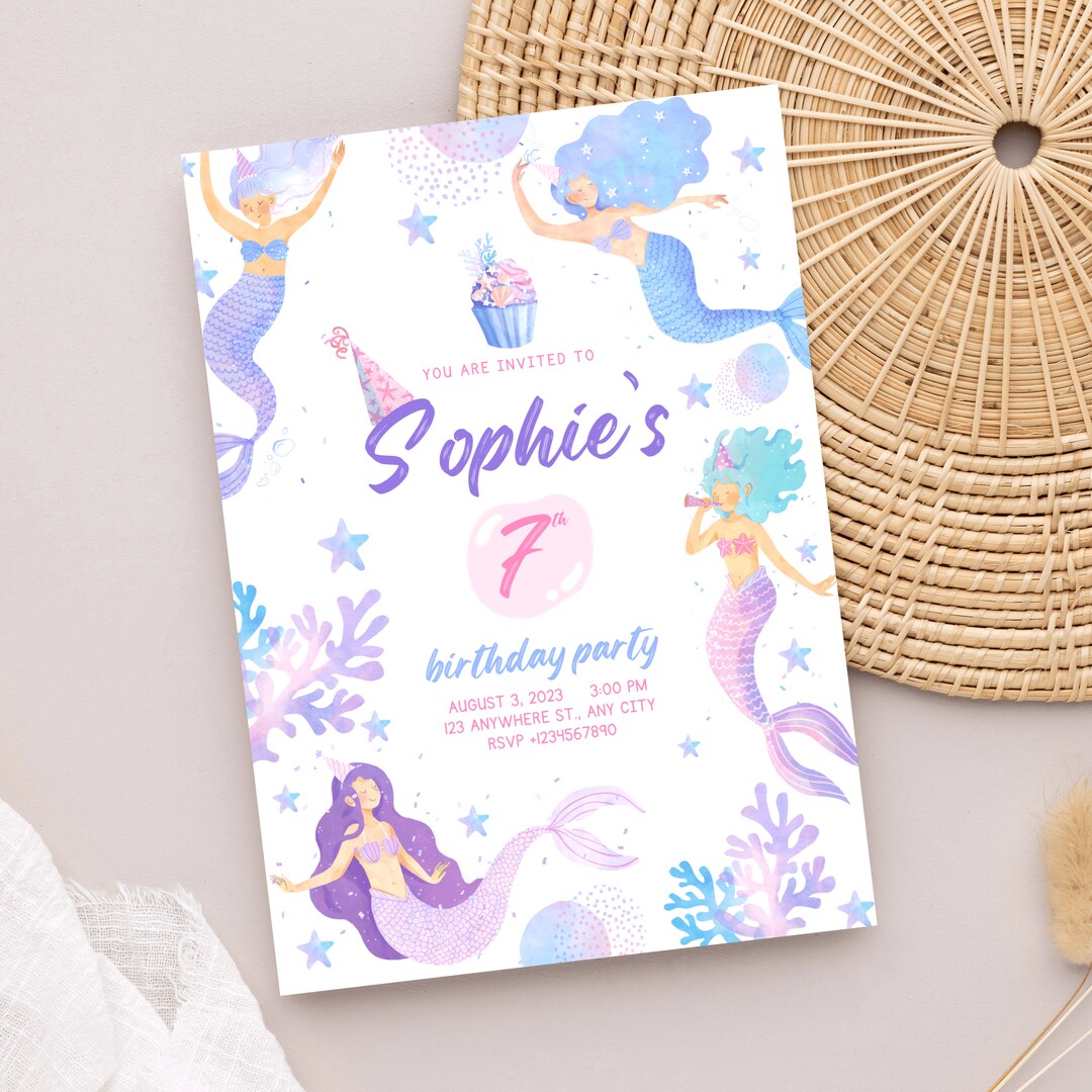 Editable Mermaid Birthday Invitation Template, Mermaid Magical Pink ...