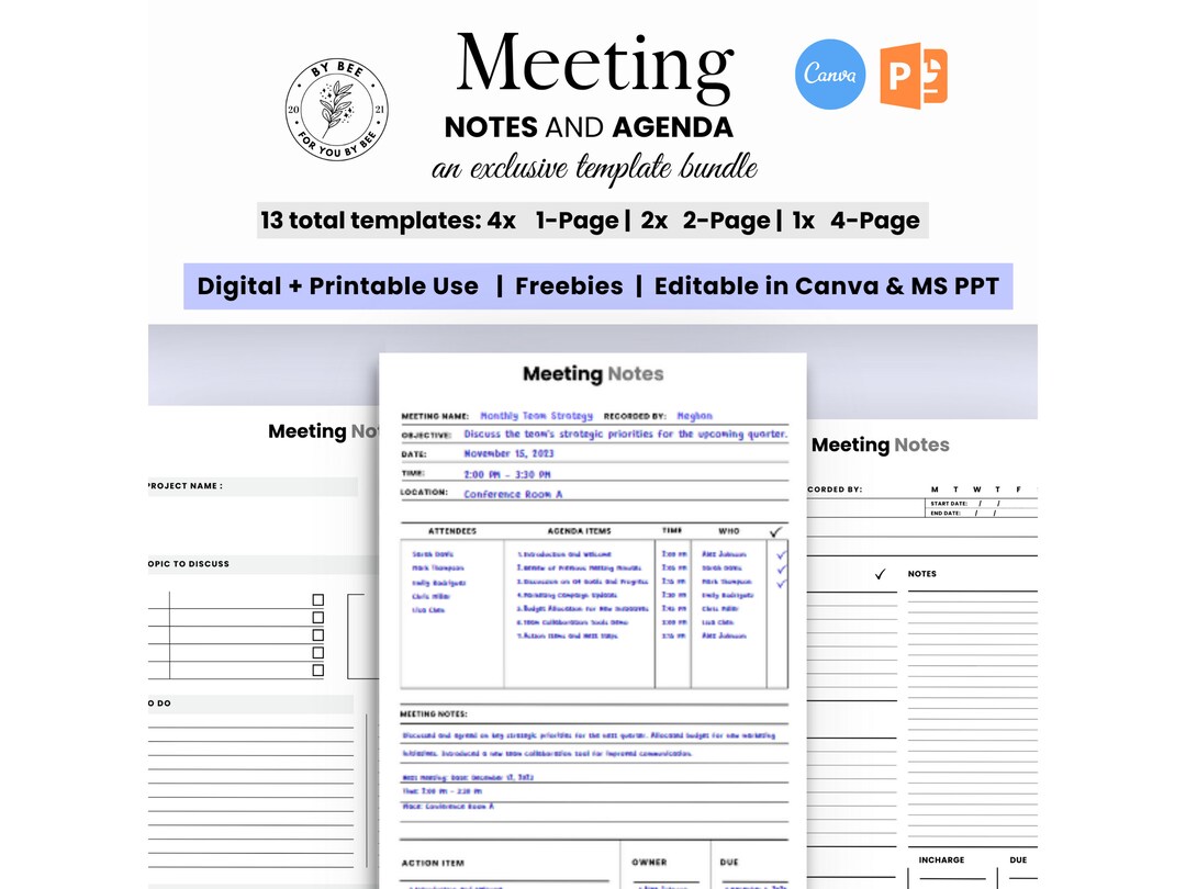Editable Meeting Notes Template, Meeting Minutes Template Digital ...