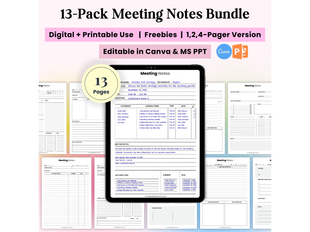 Meeting Notes Template Bundle: Printable Agenda, Minutes (13-pack) - Etsy