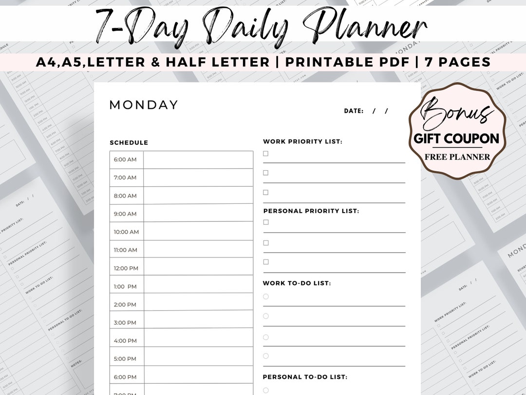 7 Day Planner, 7 Day Planner Printable, Daily Planner, Weekly Planner ...