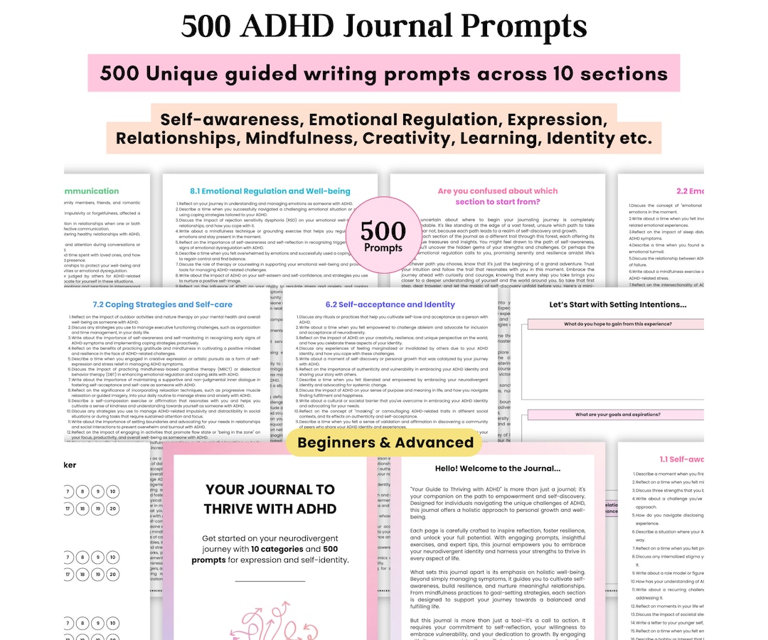ADHD Journal Prompts, Adult ADHD Digital Self-care Prompts, Daily ...