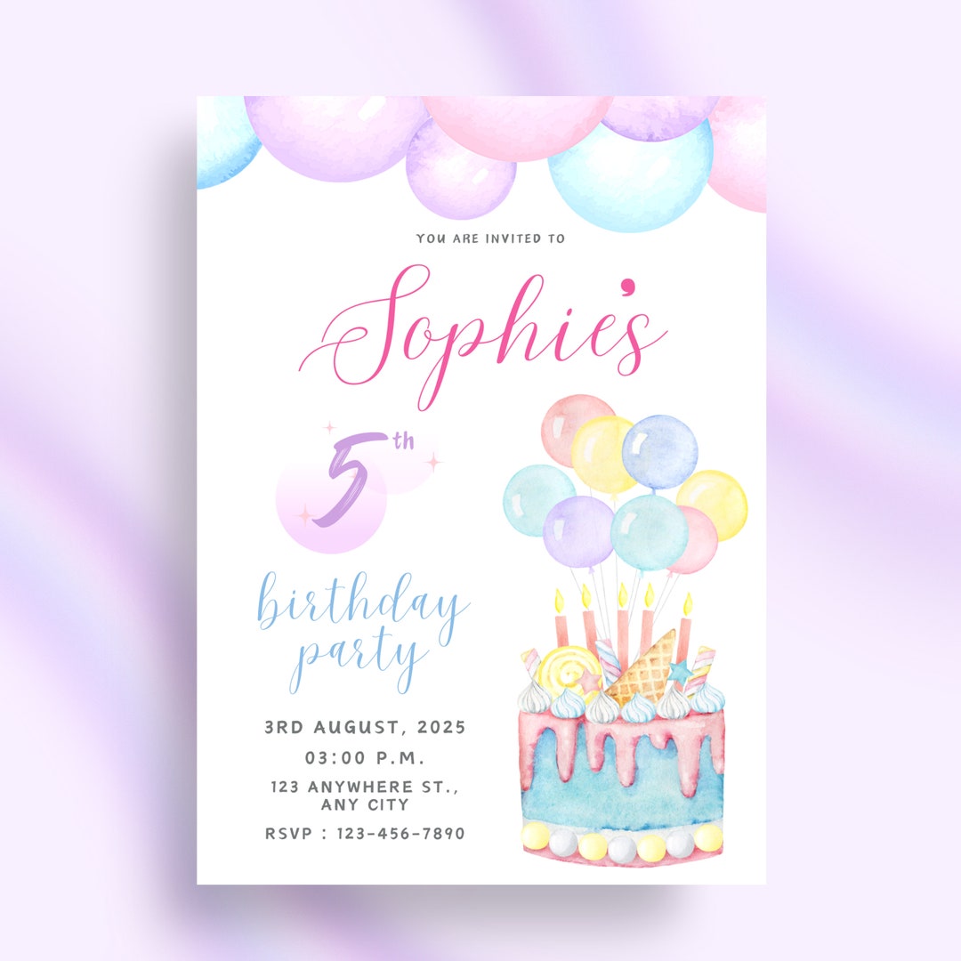 Pastel Pink Purple Girl Birthday Invitation, Pastel Birthday Invite ...