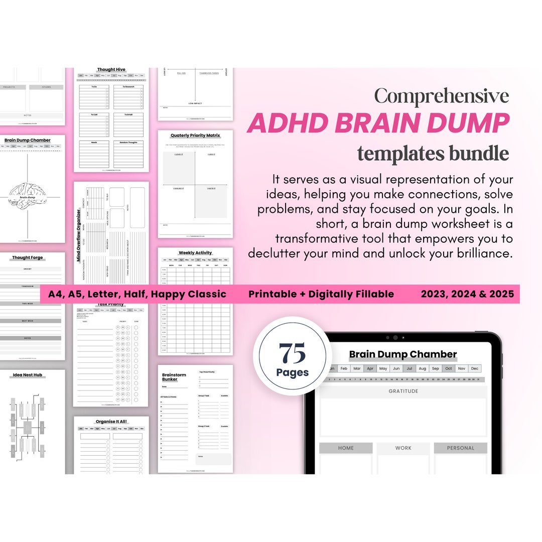 ADHD Brain Dump Template, Thought Organizer, Ideas Daily Task Tracker ...