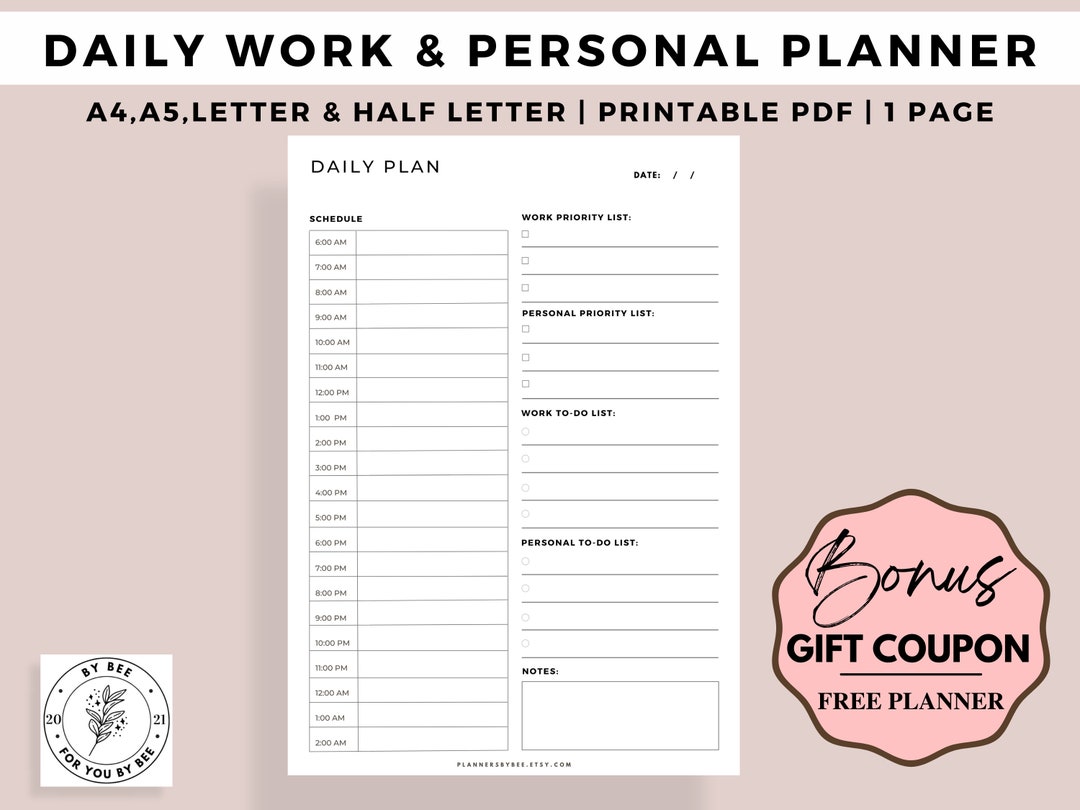Daily Work Planner, Daily Personal Planner, Daily Planner Template PDF ...