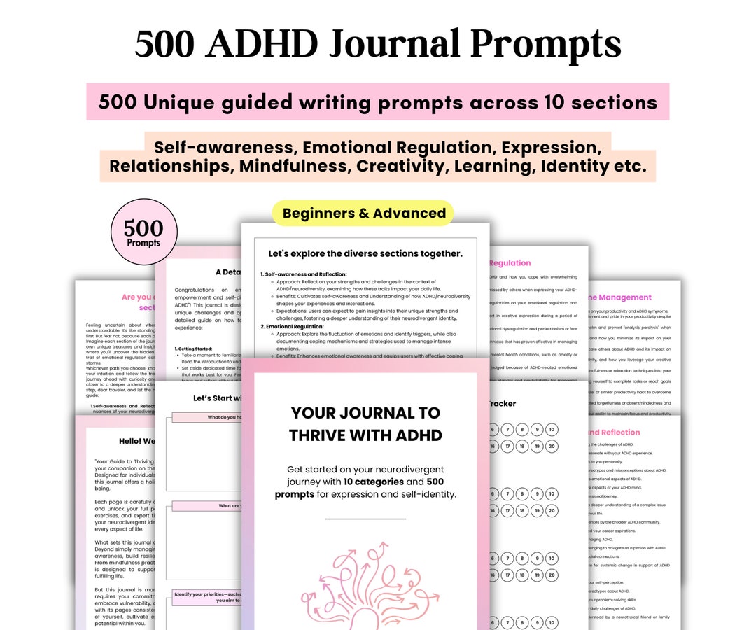 ADHD Journal: 500 Self-discovery Prompts for Mental Health (digital ...