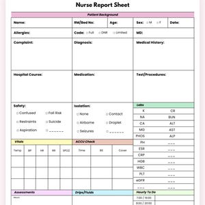 Editable Nurse Report Sheet, Printable Digital Nurses Page, Nurse Brain Sheet, Single Patient ...