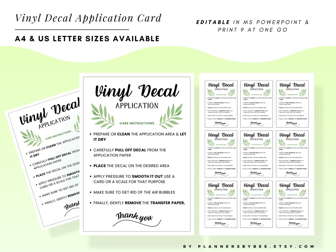 Vinyl Decal Application Instructions, Decal Application Order Card, DIY ...