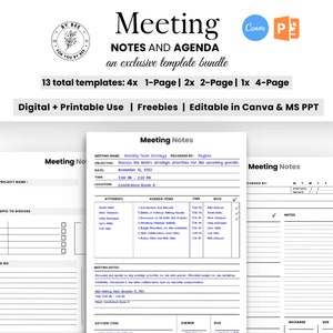 Meeting Minutes Template, Editable Meeting Notes, Printable Business ...