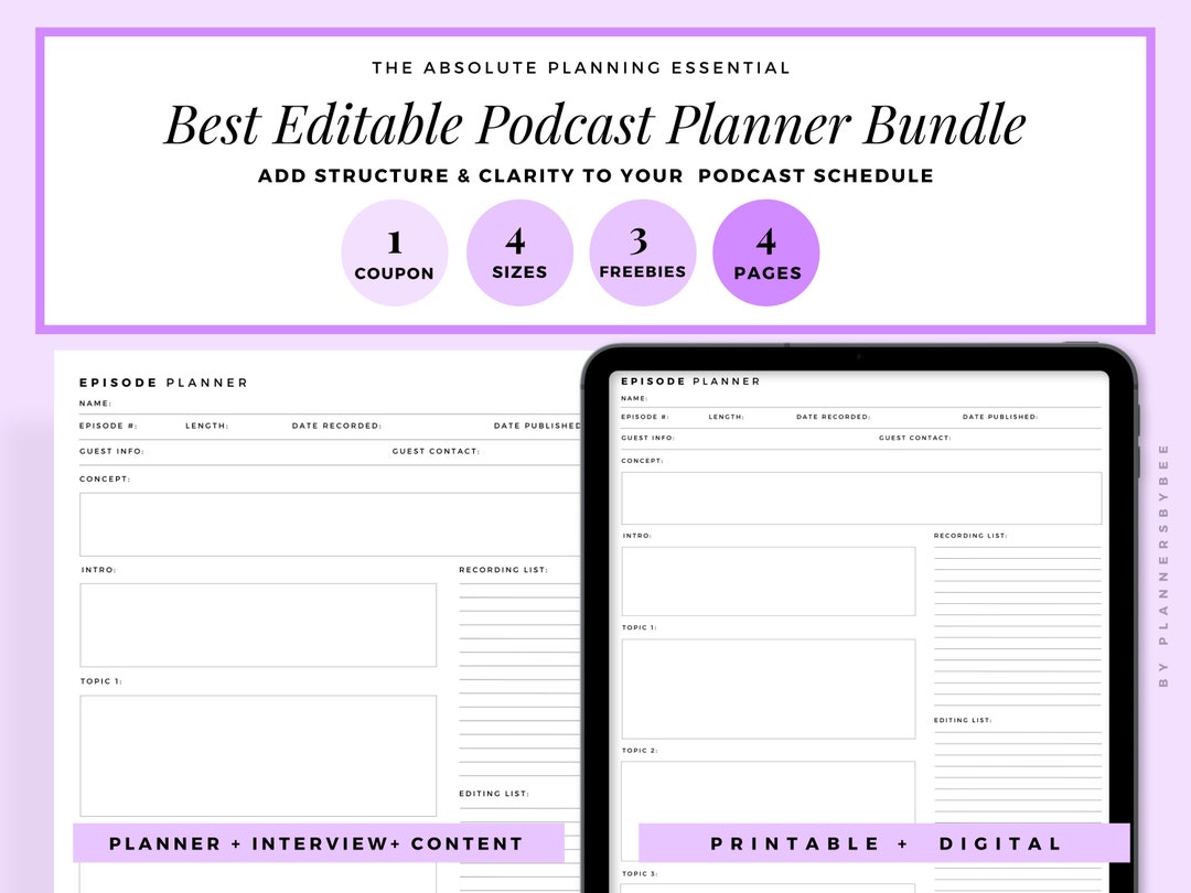Podcast planner, Podcast Template, Bundle Printable Digital, Podcast ...