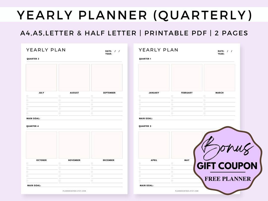 Yearly Planner, Quarterly Goals, Tasks & Reminders, Productivity, A4/a5 ...