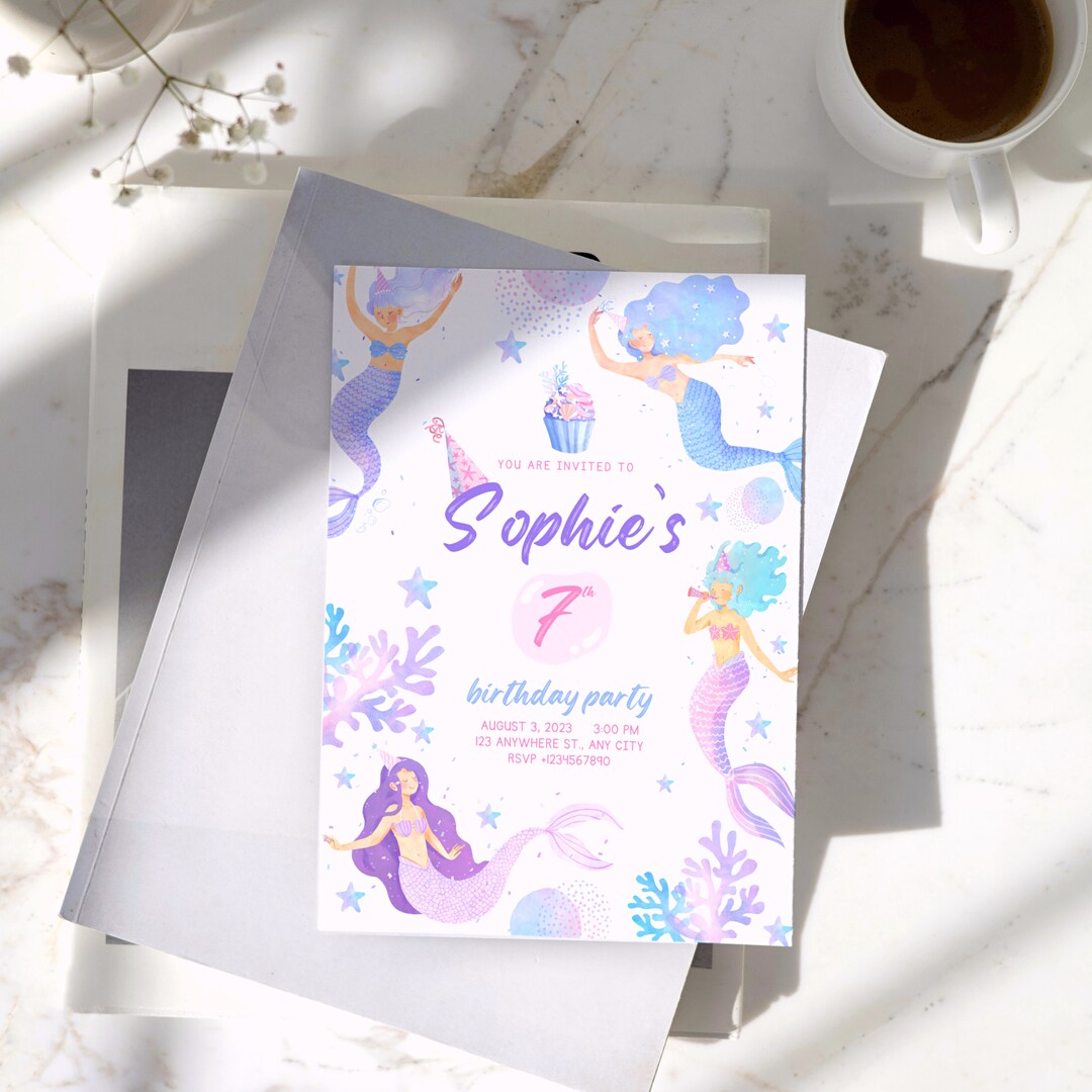 Editable Mermaid Birthday Invitation Template Little Mermaid Under the ...
