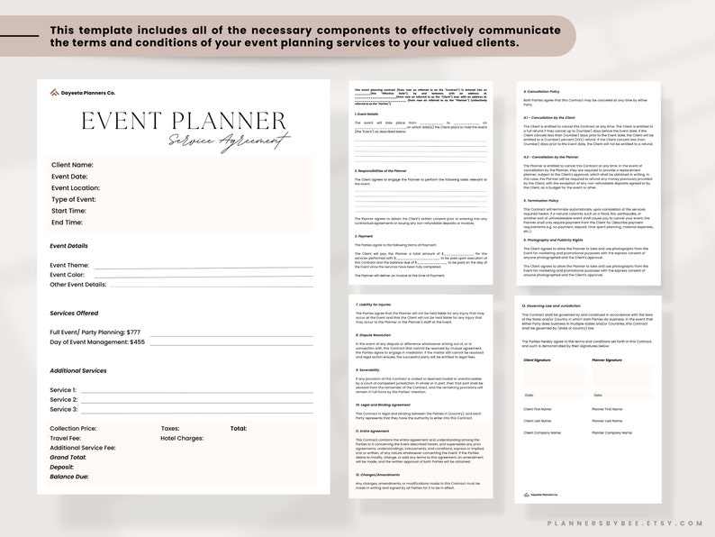 Event Planner Contract Template Canva Template Event Planner Etsy