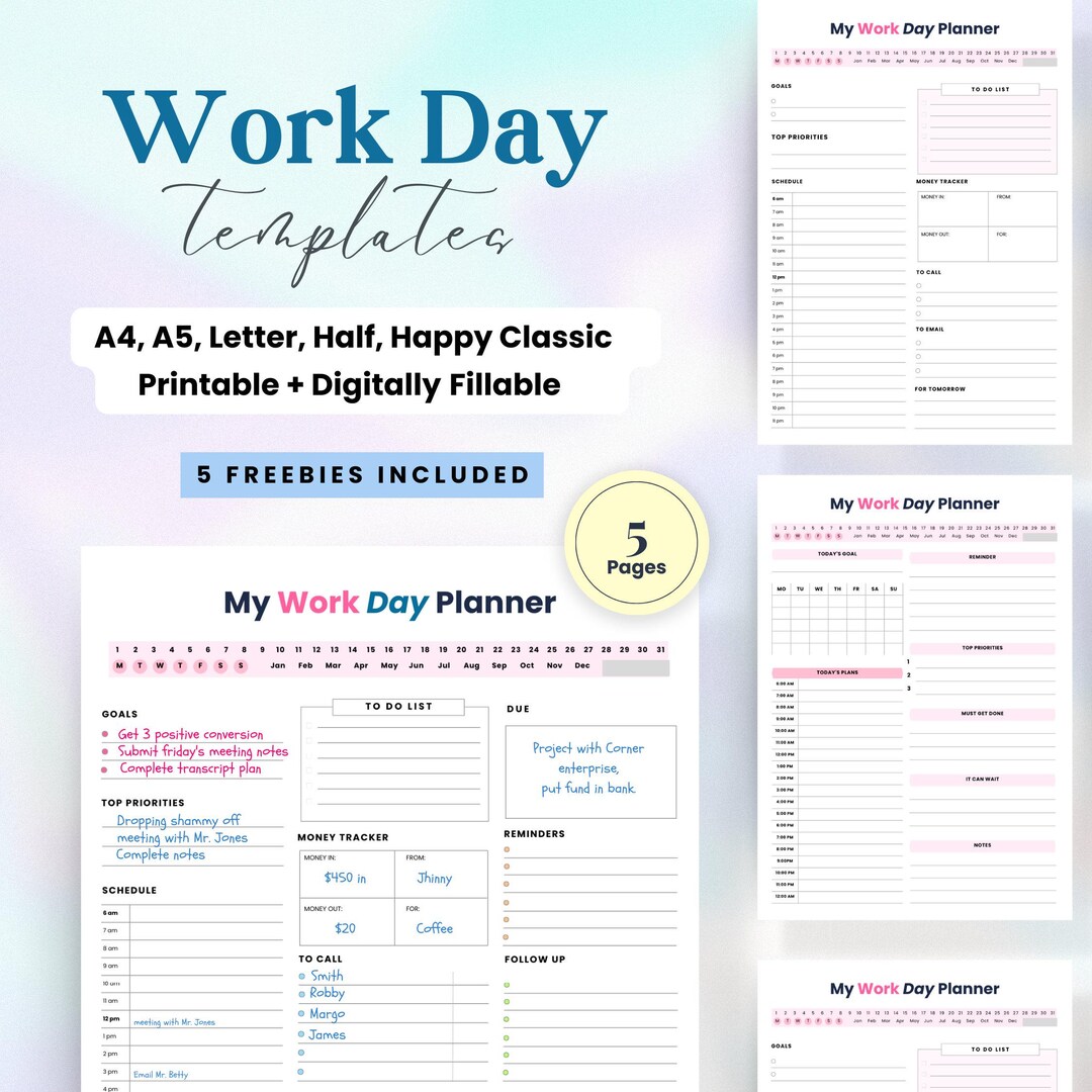 Editable Work Planner Printable Work Day Schedule Template Daily ...