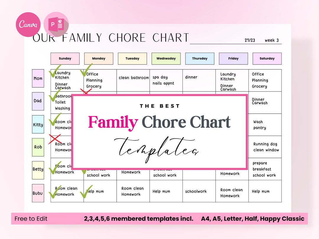 Family Chore Chart Printable, Editable Family Planner, Household Kid ...