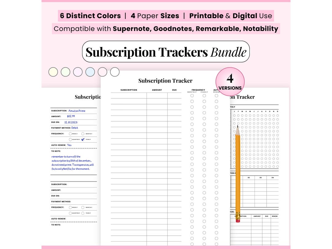 Subscription Tracker Printable: Monthly, Quarterly, Yearly (digital ...