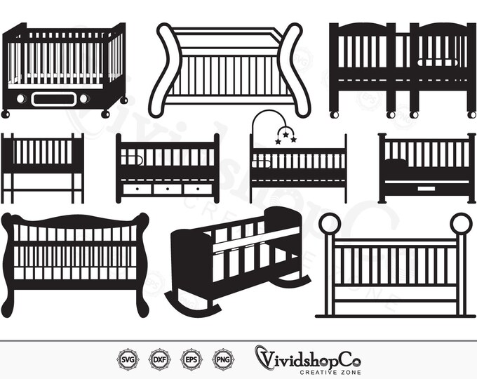 Baby Crib Vector Clipart Set / Outline, Stamp and Color Drawing Graphic ...