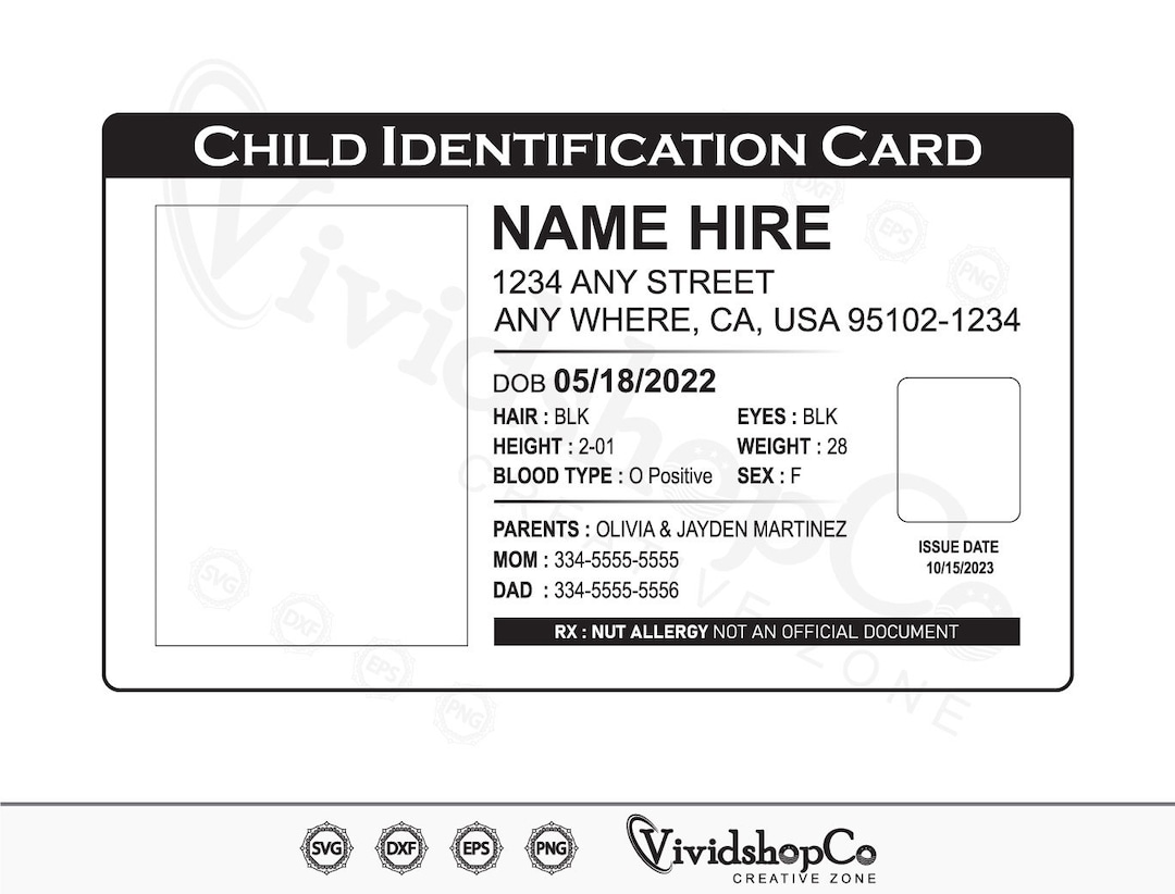 Child ID Card SVG, Child Identification Card, ID Card Svg, Clipart, Cut ...