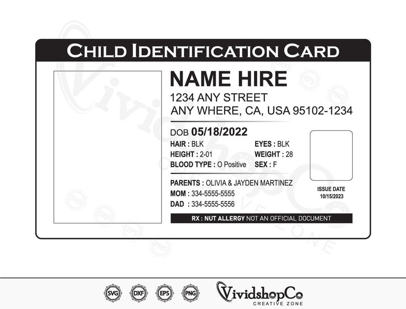 Child ID Card SVG, Child Identification Card, ID Card Svg, Clipart, Cut ...