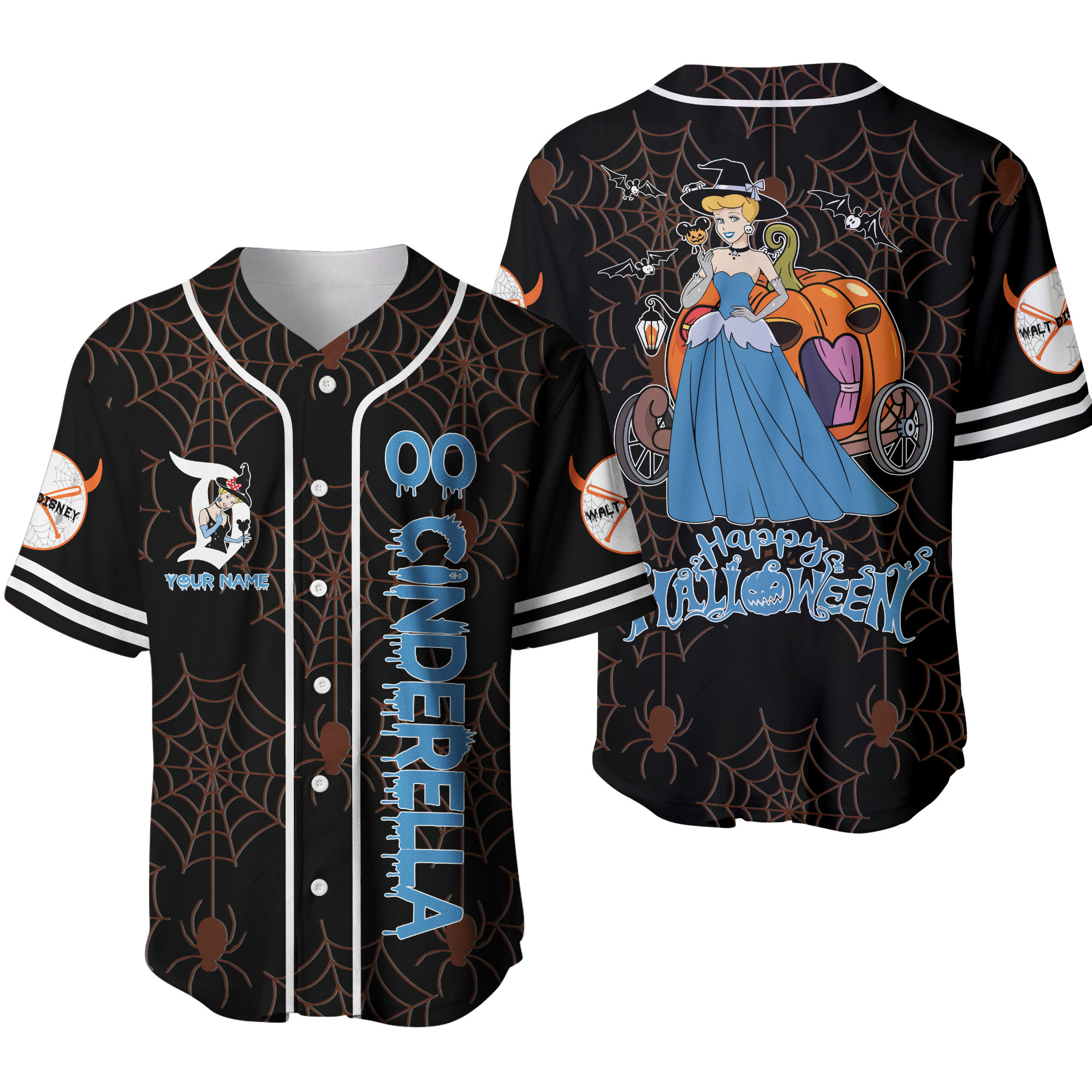 Cinderella Black Blue Happy Halloween Disney Custom Baseball Jerseys ...