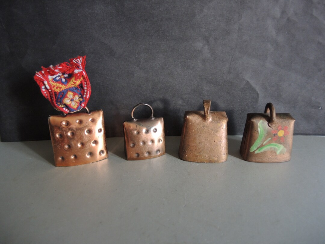 Set of 4 Vintage Copper Color Metal Cow Bells / Small Size Souvenir Bell / Home Décor / Alpine ...