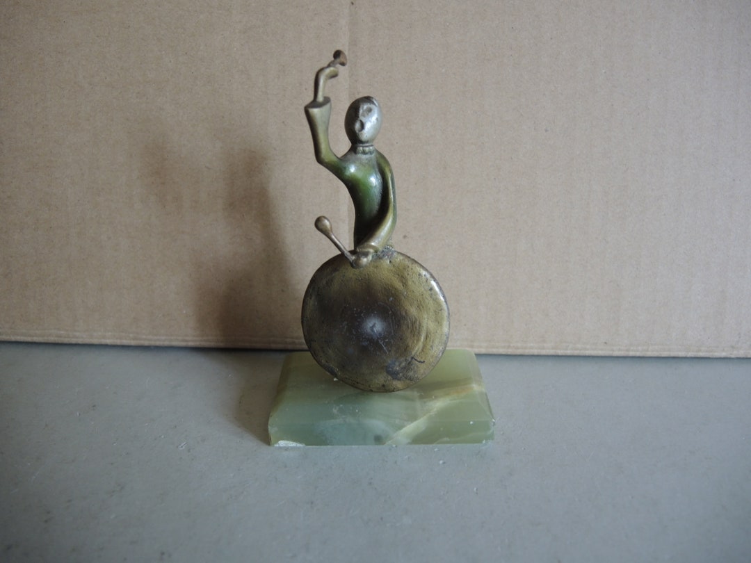 Vintage Solid Brass Man With Drum Statue Figure on Marble Base / Home ...