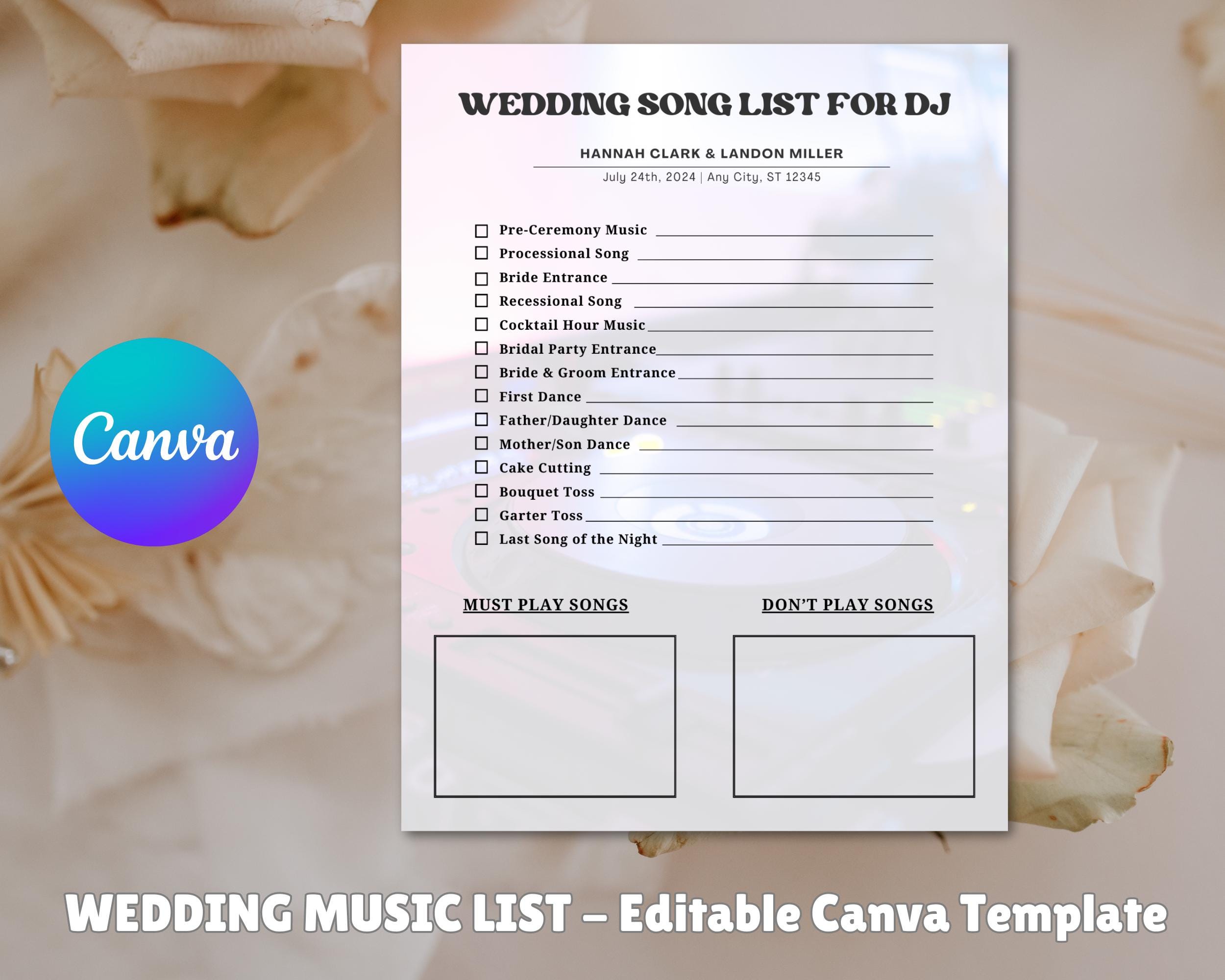 Printable Wedding Music List, Editable Canva Template, Wedding Song ...